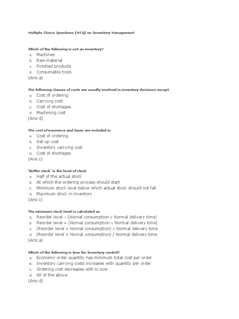 Multiple Choice Questions (MCQ) on Inventory Management