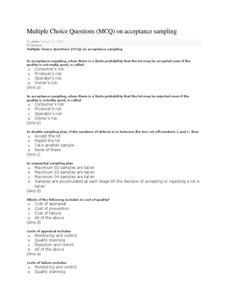 MCQs on Acceptance Sampling Techniques | PDF