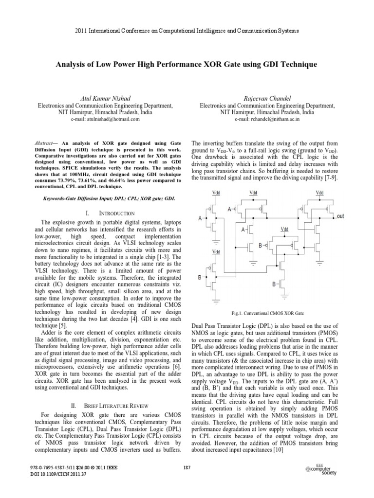 Analysis of Low Power High Performance XOR Gate Using GDI Technique | PDF | Cmos | Field Effect ...