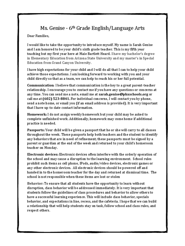 6th Grade Welcome Letter | PDF | Teachers | Cognition