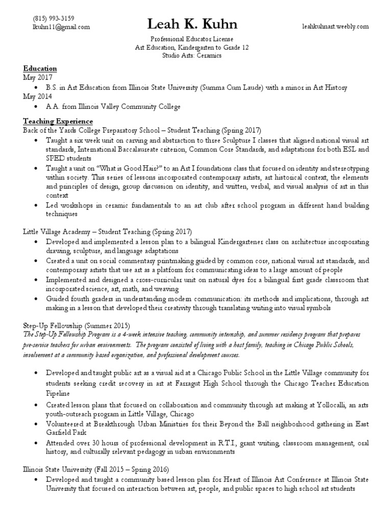 Kuhn Leah Resume | PDF | Visual Arts Education | Teachers