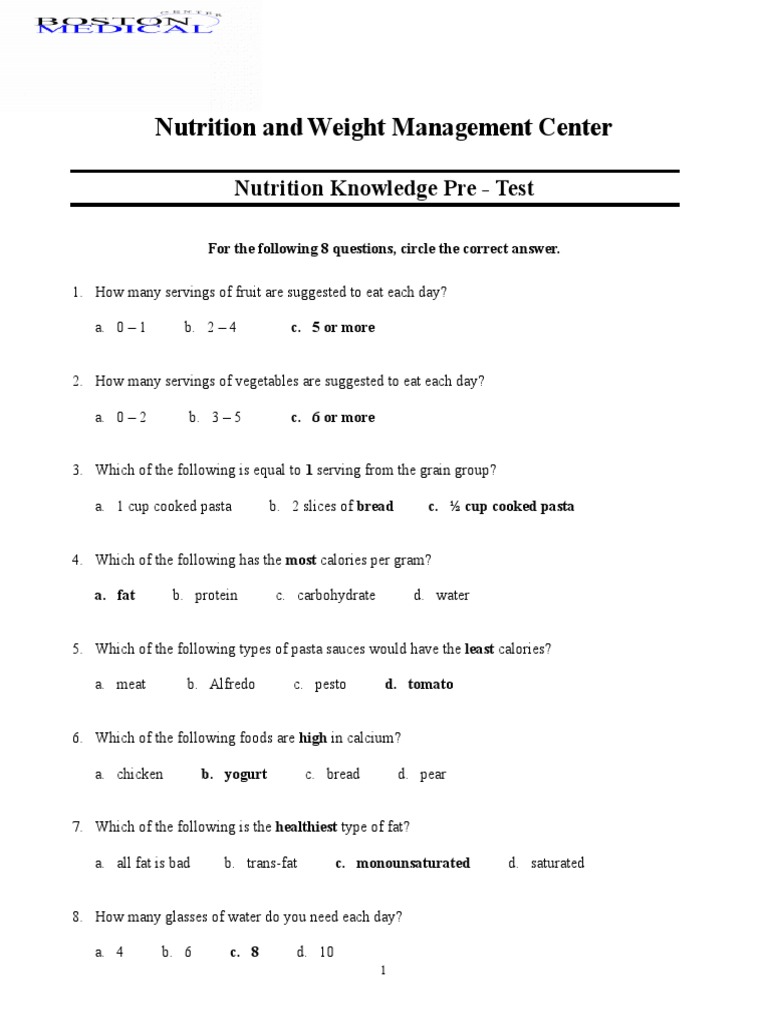 Nutrition Knowledge Pre-Test Quiz | PDF | Weight Management | Nutrition