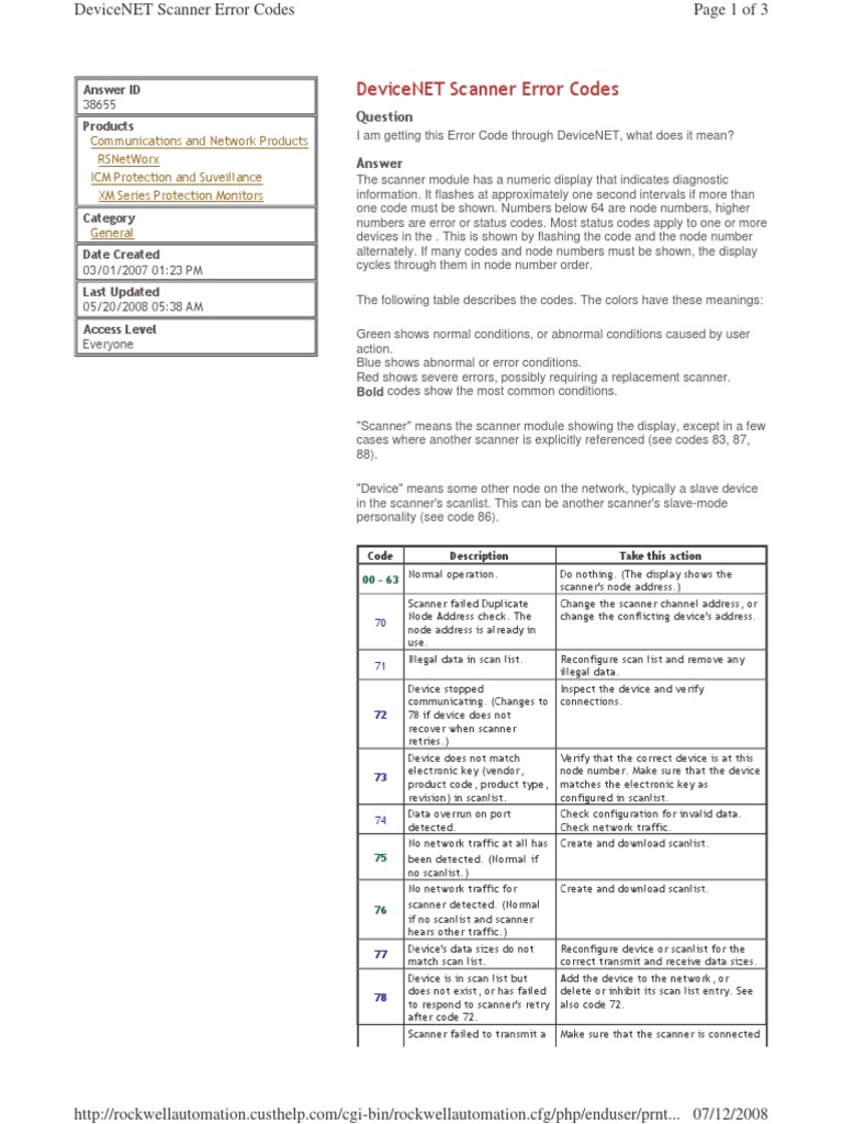 DeviceNET Scanner Error Codes | Image Scanner | Implied Warranty