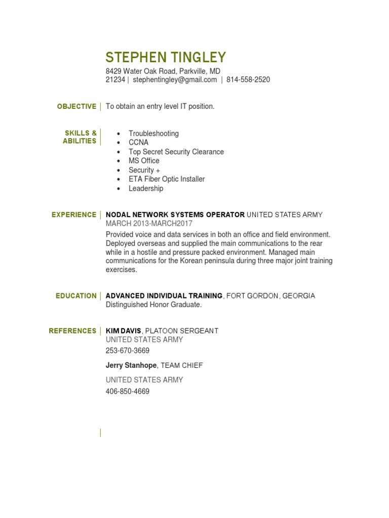 Entry-Level IT Resume of Stephen Tingley | PDF