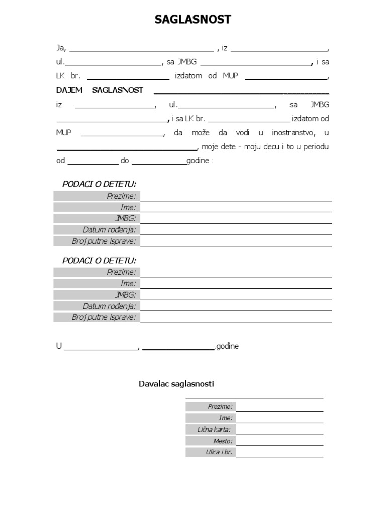 Saglasnost Jednog Roditelja Deca Inostranstvo-1 | PDF