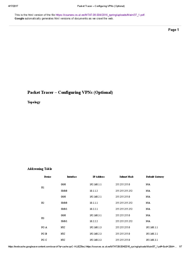 Packet Tracer - Configuring VPNs (Optional) | PDF | Virtual Private Network | Router (Computing)