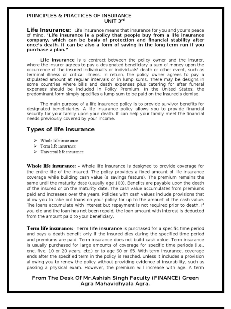 Life Insurance:: Principles & Practices of Insurance Unit 3 | PDF ...