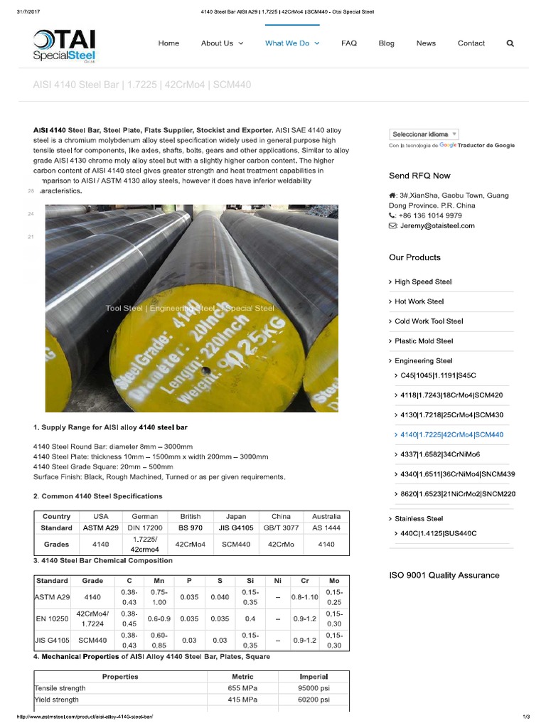 4140 Steel Bar AISI A29 - 1.7225 - 42CrMo4 - SCM440 - Otai Special Steel | PDF