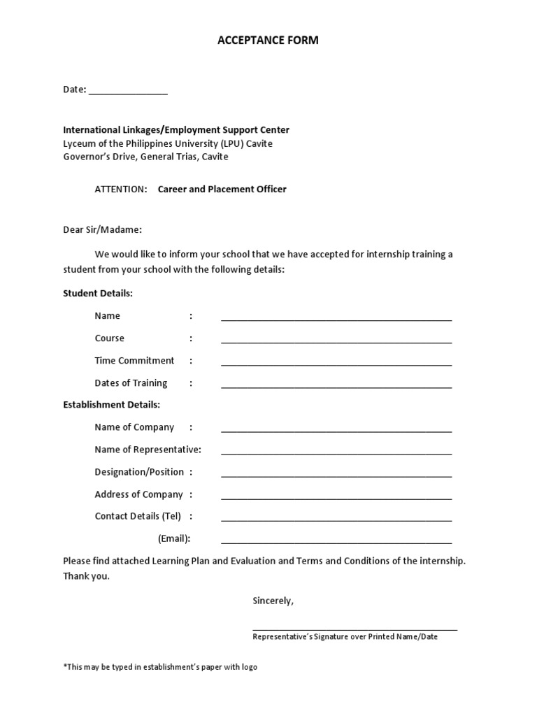 Internship Acceptance Form Template | PDF | Career & Growth
