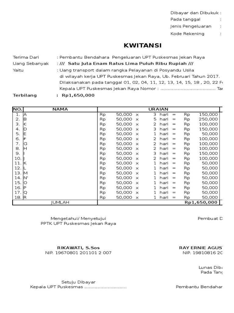Kwitansi Transport Puskesmas Jekan Raya | PDF
