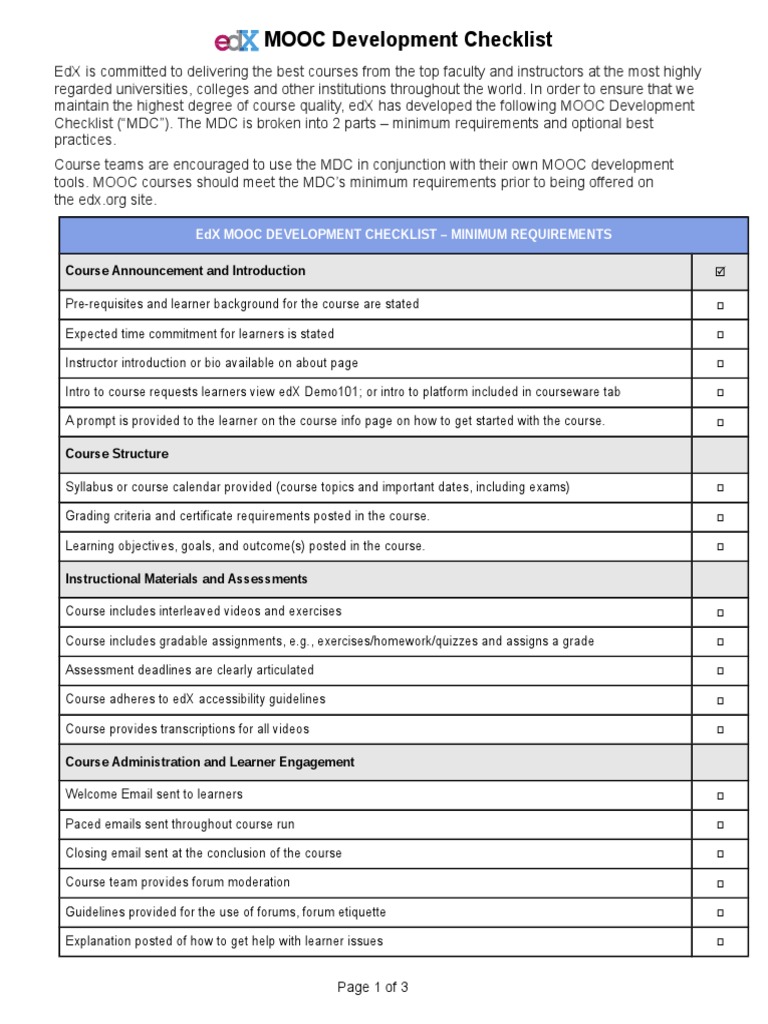 EdX MOOC Development Checklist-A11y | Massive Open Online Course | Educational Devices