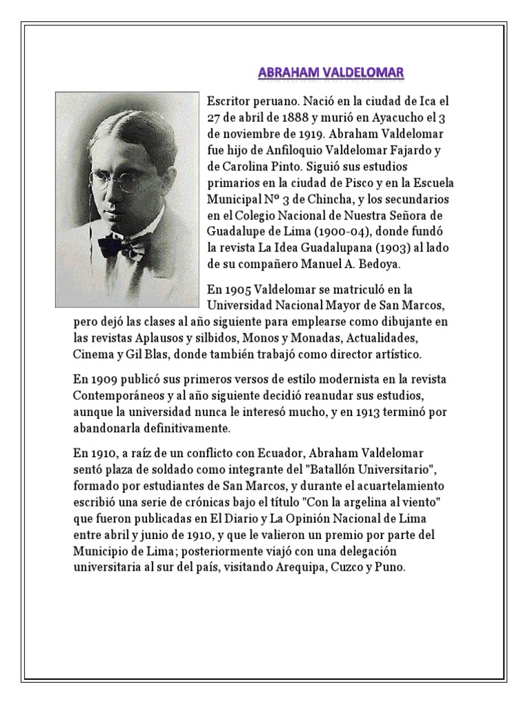 Biografia de Abraham Valdelomar | PDF | Historia | Clásicos