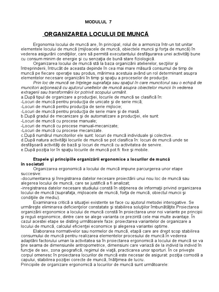 7 Organizarea Locului de Munca (Vegetal) - Modulul 7 | PDF