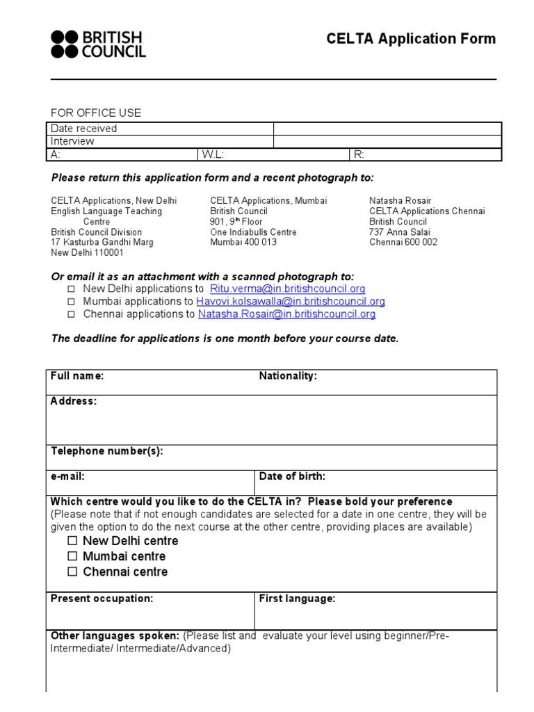 India English Celta Application Form | PDF | Applied Psychology | Learning