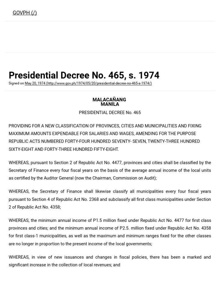 Presidential Decree No. 465, S - Classification of Cities | PDF ...