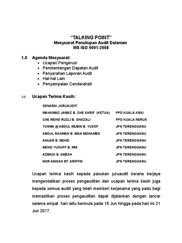 Talking Point Pengarah Mesy' Penutup Audit Dalam | PDF