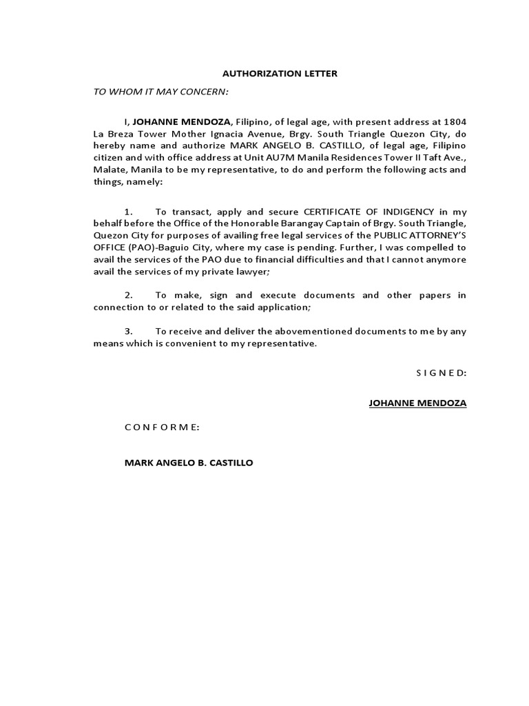 Authorization Letter (Mendoza) | PDF
