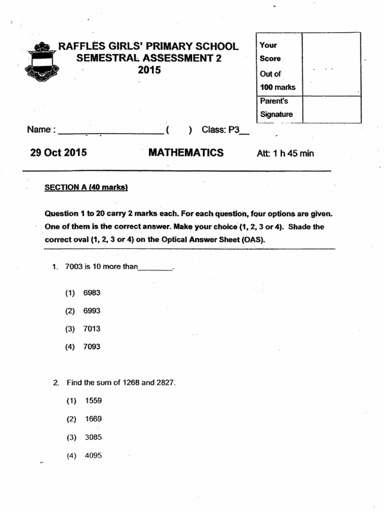 P3 Math SA2 2015 Raffles Girls Exam Papers | PDF