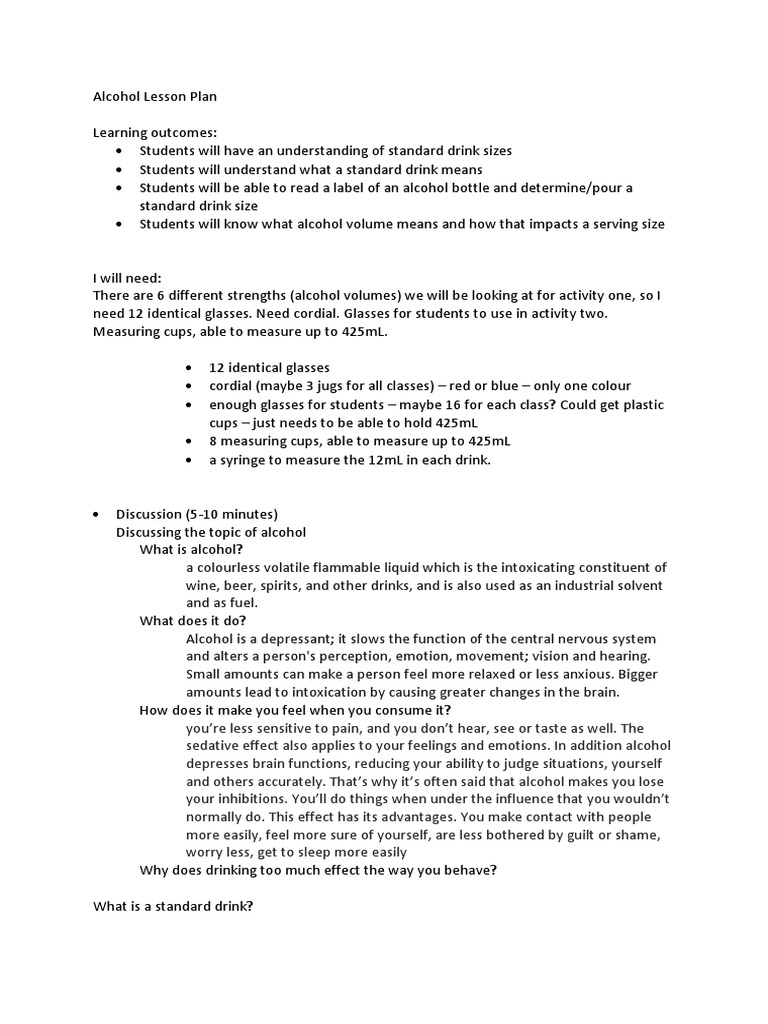 Alcohol Lesson Plan | PDF | Drink | Litre