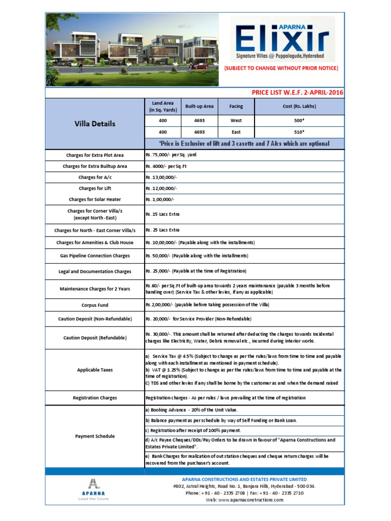 Aparna Elixir - Price List | PDF | Payments | Cheque