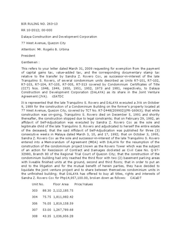 Bir Ruling No 263-13 | Assignment (Law) | Taxes | Free 30-day Trial ...