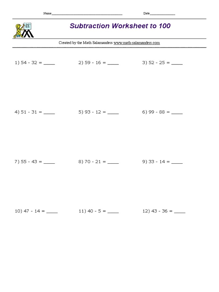 Subtraction Worksheet To 100: Name - Date | PDF