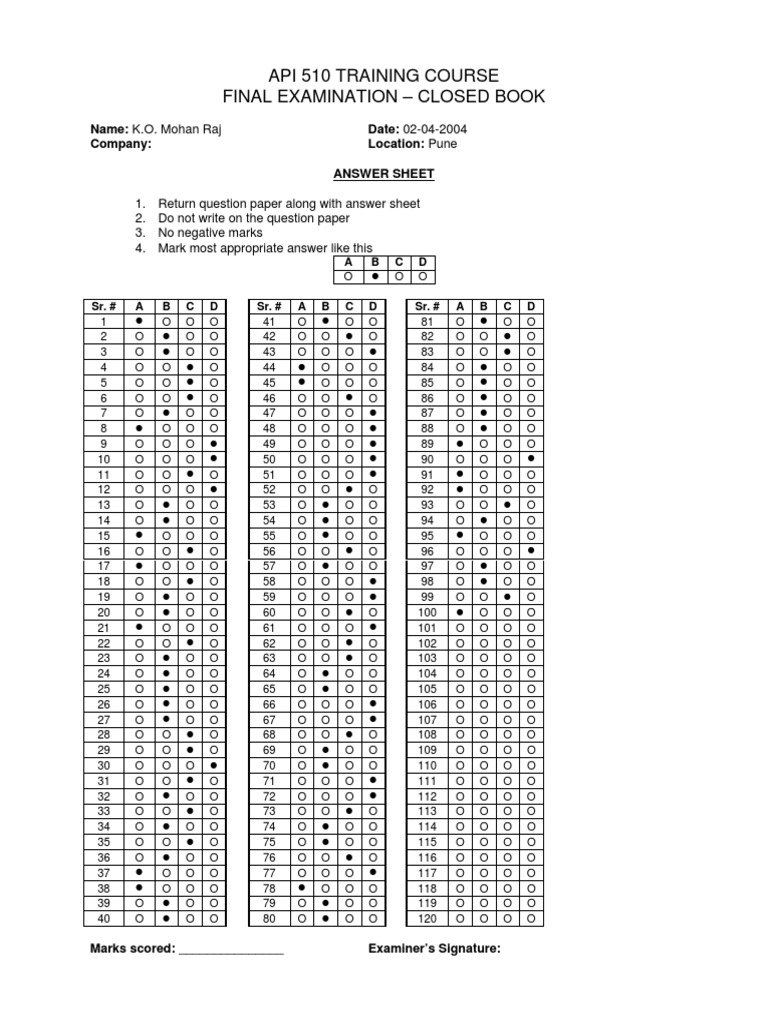 API 510 Exam Answer Sheet | PDF | Printing Materials | Papermaking