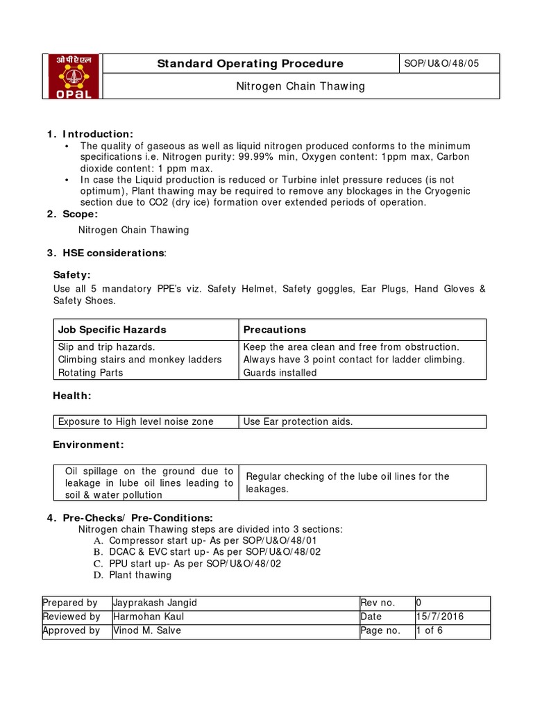 N2 Chain Thawing- SOP U O 48 05 | Personal Protective Equipment | Valve