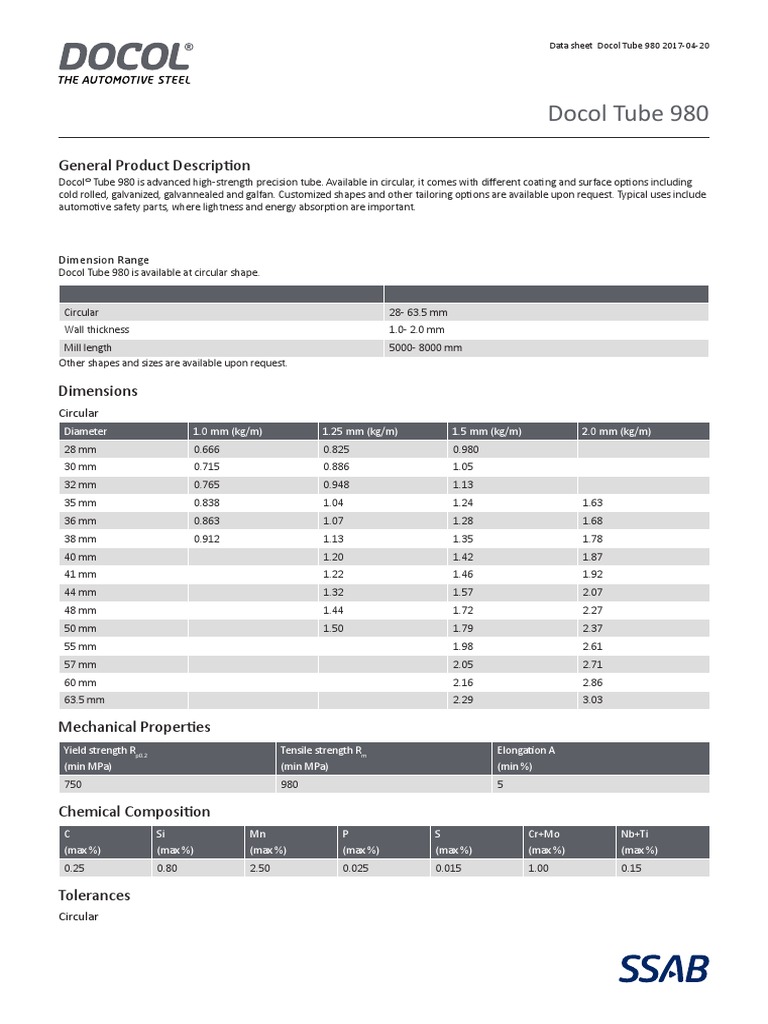 Data Sheet Docol Tube 980 2017-04-20 270 371857150 en | PDF | Corrosion ...