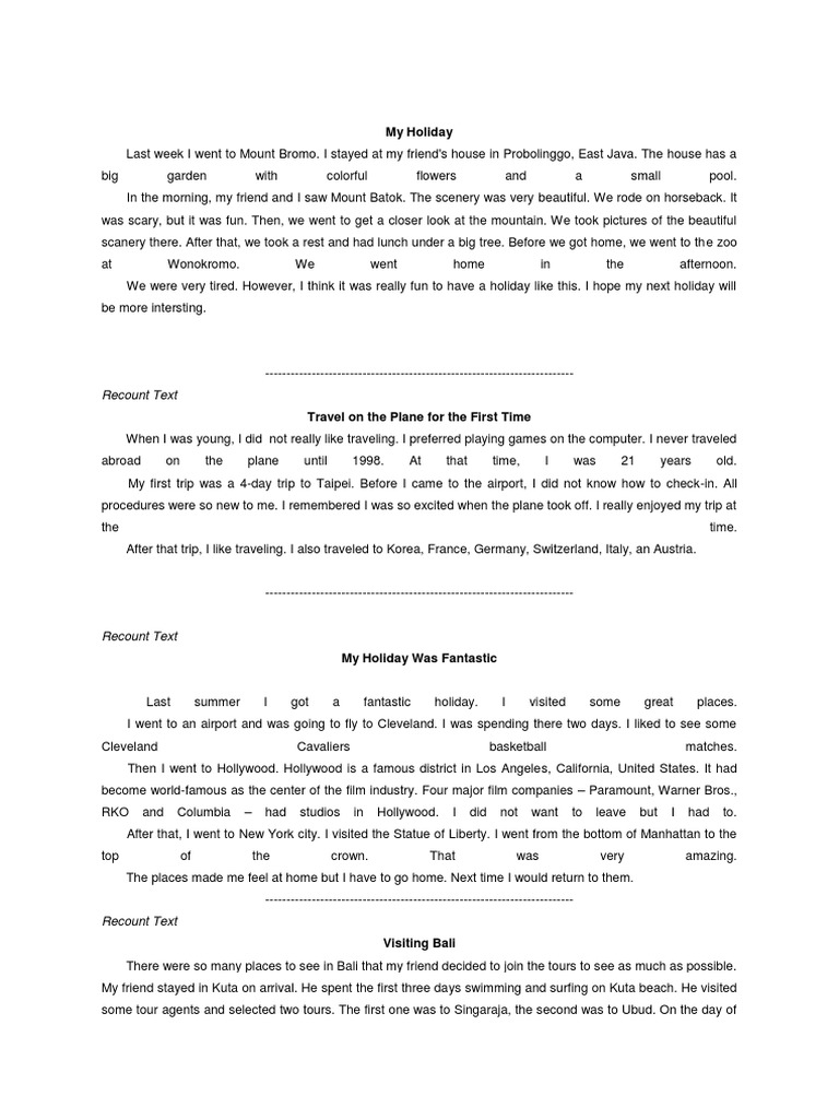 My Holiday: Recount Text | PDF | Nature