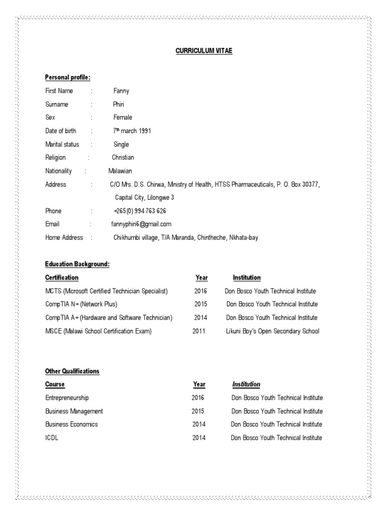 Fanny Phiri's CV | PDF | Malawi