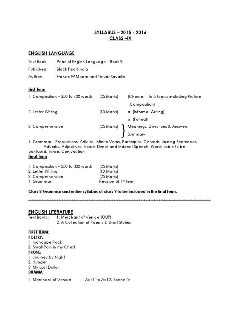 Class 9 Syllabus 2015 2016 | PDF | English Language | Syntax