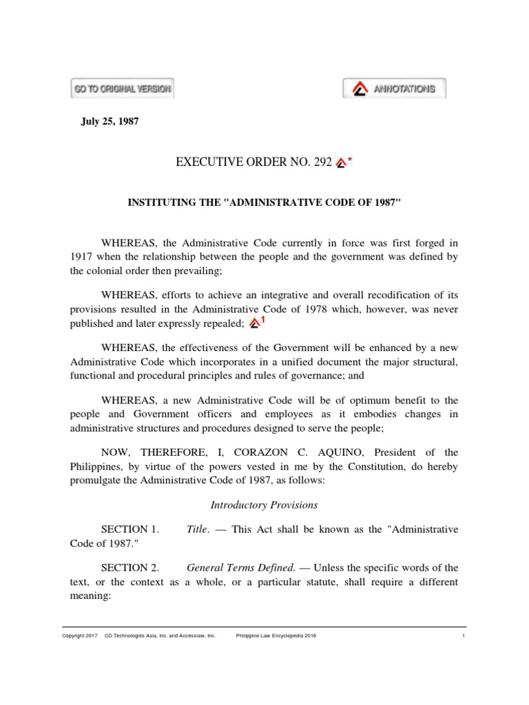Executive Order No 292 - Administrative Code of 1987 PDF | PDF ...