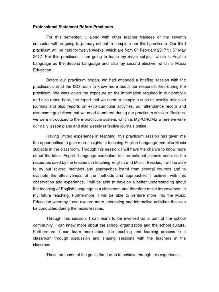 Professional Statement Before Practicum | PDF | Teachers | Classroom