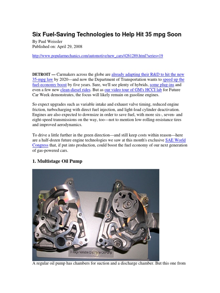 Fuel-Saving Technologies for 35 MPG | PDF | Turbocharger | Valve