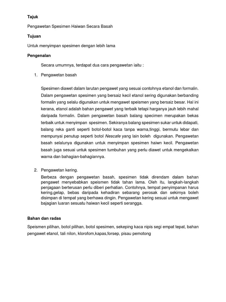 Panduan Pengawetan Basah Spesimen | PDF