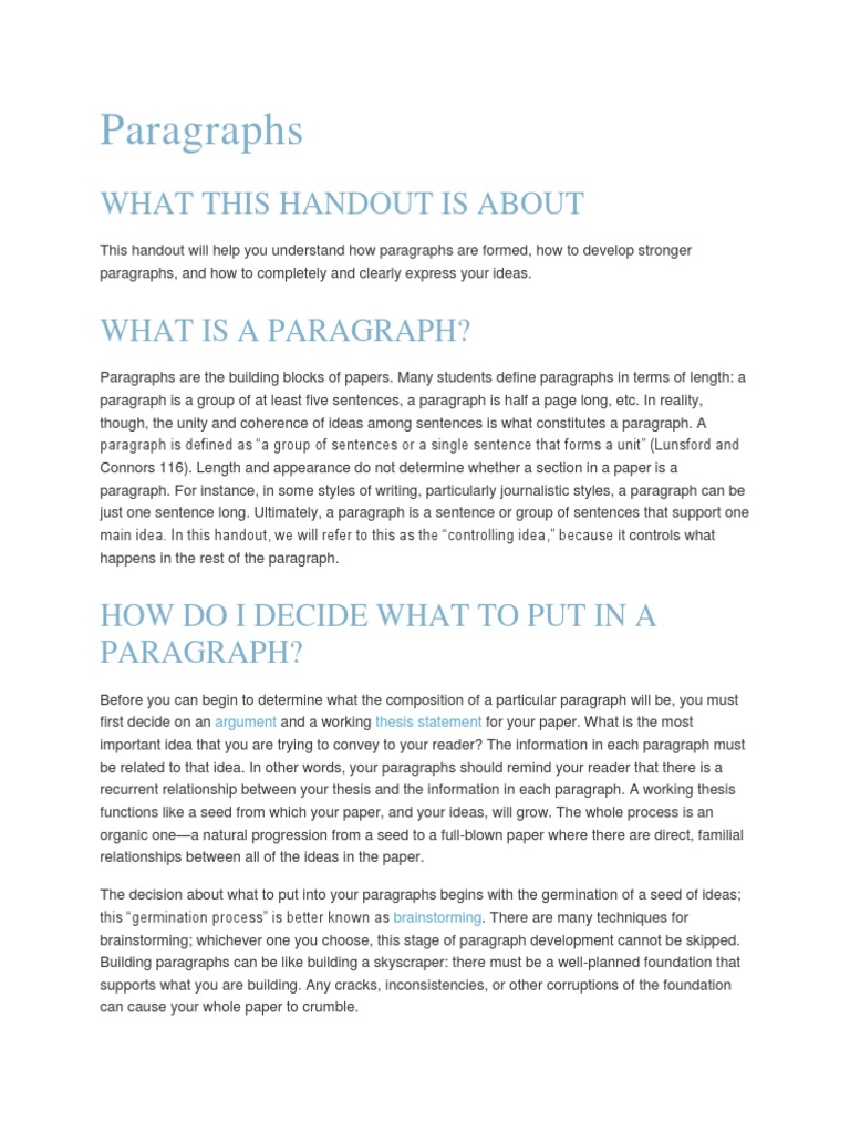 Paragraphs: What This Handout Is About | PDF | Paragraph | Sentence ...