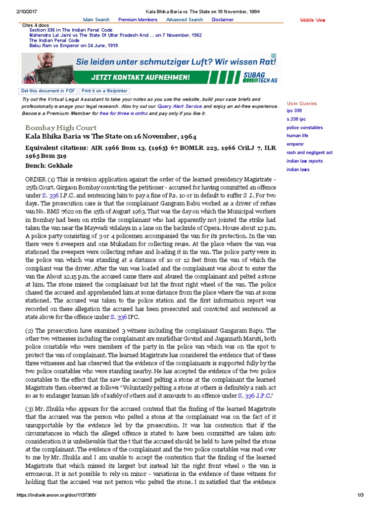 Kala Bhika Baria Vs The State On 16 November, 1964 | PDF | Recklessness ...