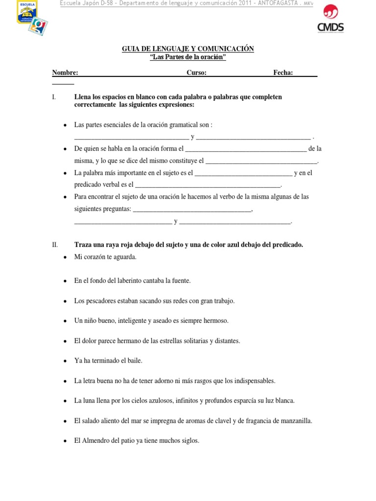 GUIA DE LENGUAJE Y COMUNICACIÓN Las Partes de La Oracion N°1 | PDF ...