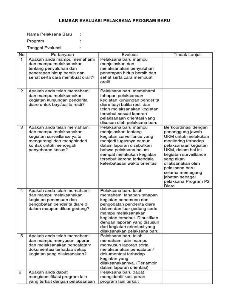 Lembar Evaluasi Pemahaman Pelaksana Baru | PDF