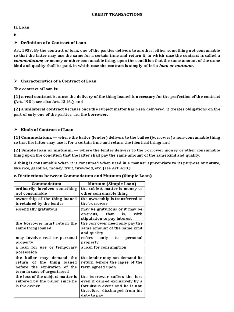 Understanding Loan Contracts: Commodatum vs. Mutuum | PDF | Loans | Credit