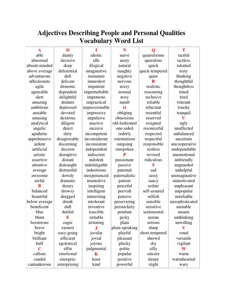 Adjectives Describing People and Personal Qualities Vocabulary Word ...