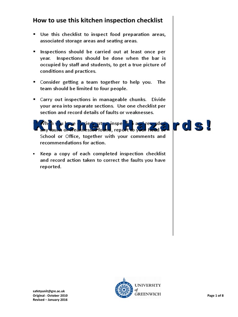 Kitchen Inspection Checklist | PDF | Kitchen | Refrigerator