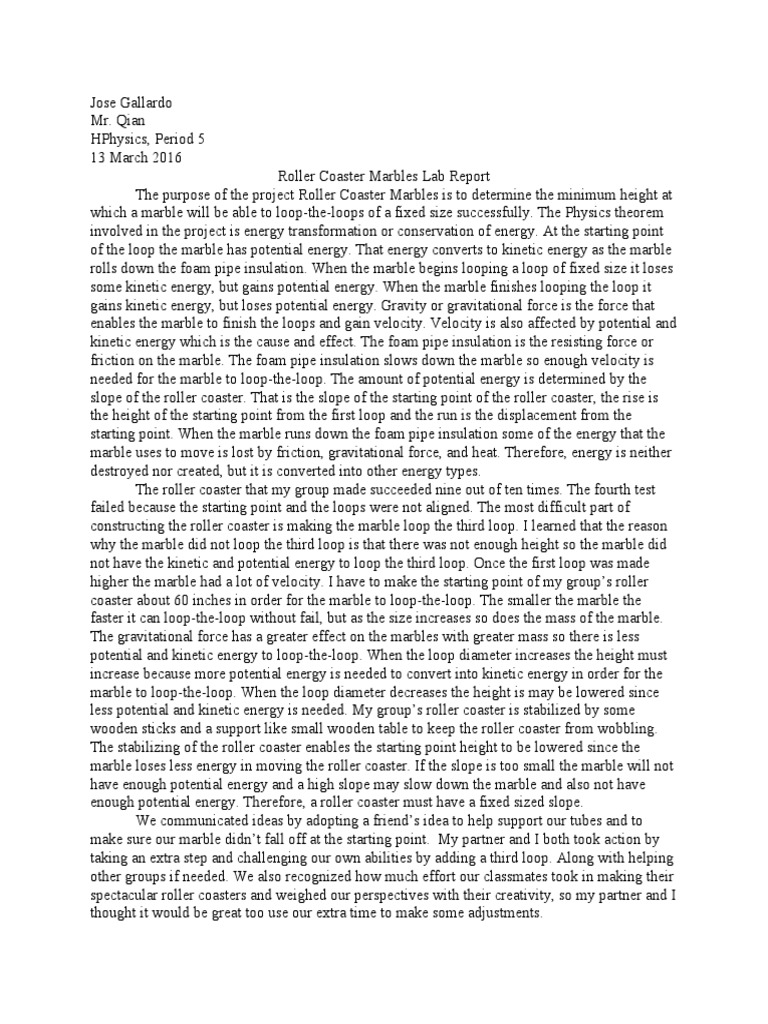 Hphysics5 Roller Coaster Marbles Lab Report Jose Gallardo | PDF ...