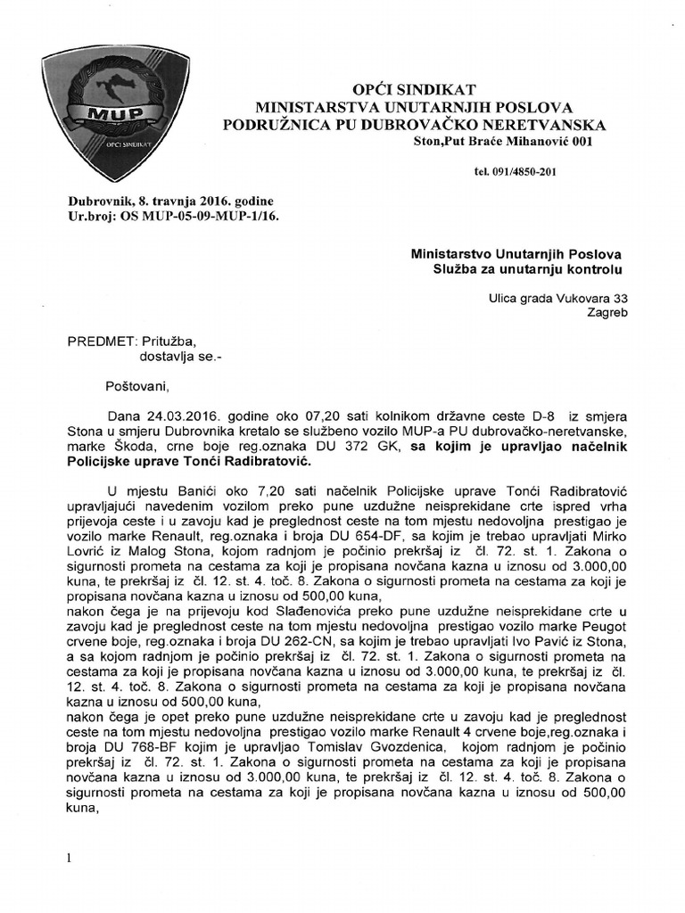 Dopis Unutarnjoj Kontroli MUP-a | PDF