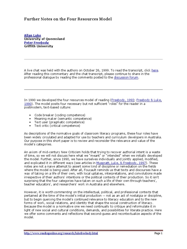 Further Notes On The Four Resources Model-Allan Luke | PDF | Literacy ...