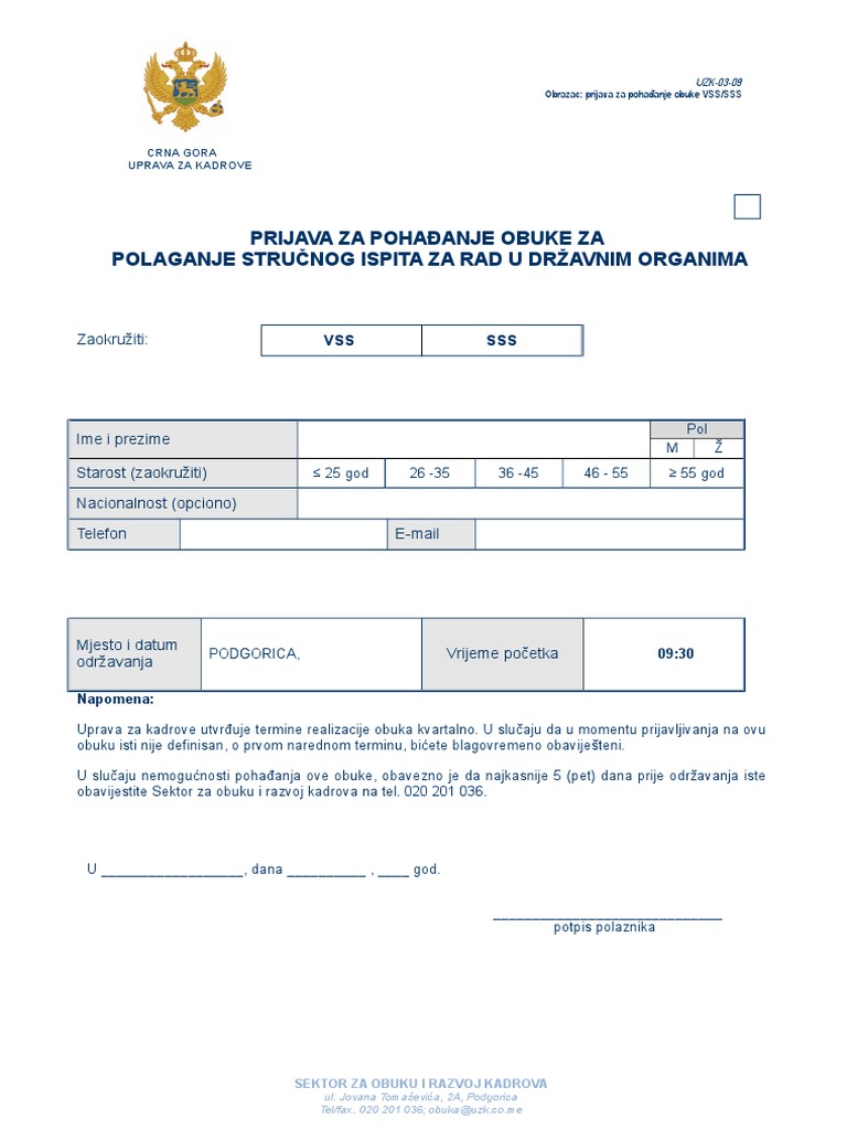 UZK-03-09 Prijava Za Pohadjanje Obuke Za Polaganje Strucnog Ispita VSS-SSS | PDF