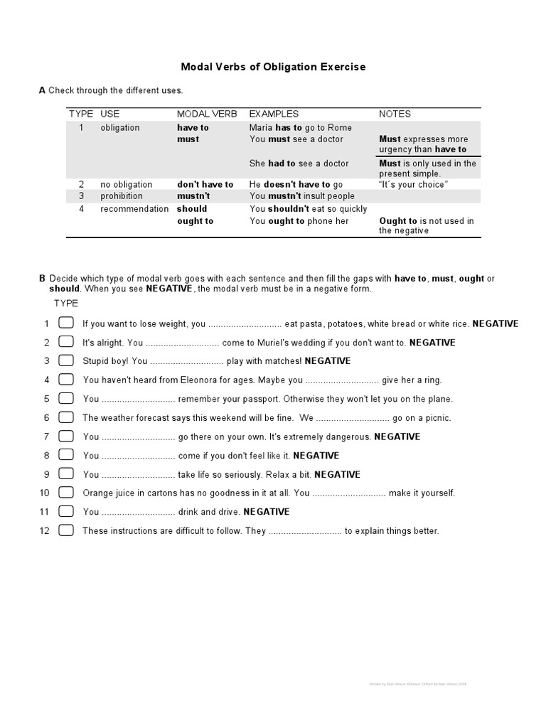 Modal Verbs of Obligation Exercise: Written by Bob Wilson ©robert ...