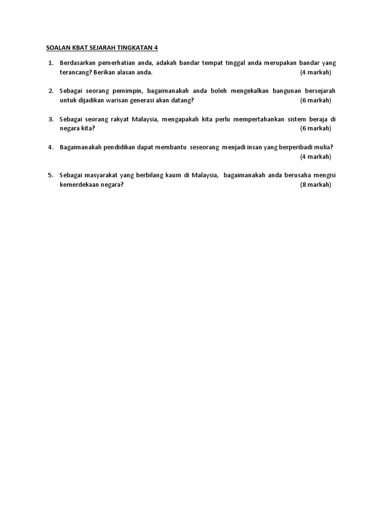 Soalan Kbat Sejarah Tingkatan 4 Pdf