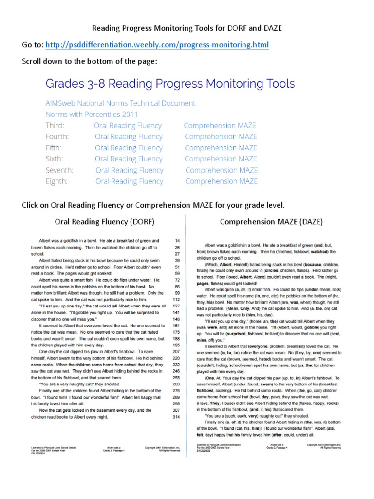 Reading Progress Monitoring Tools For Dorf and Daze | PDF